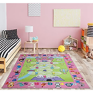 Ottomanson Machine Washable Wrinkle Free Hopscotch Princess Design Cotton 4x6 Kid's Area Rug for Playroom, Kid's Room, Bedroom, Kindergarten, 4' x 6', Pink