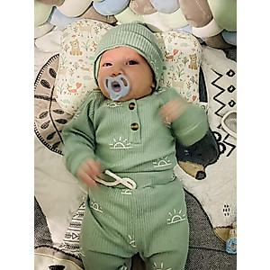 Infant Baby Boy Clothes Ribbed Knitted Sun Print Long Sleeve Romper Tops + Pants + Hat 3 Pcs Outfits (3-6 Months) Light Green