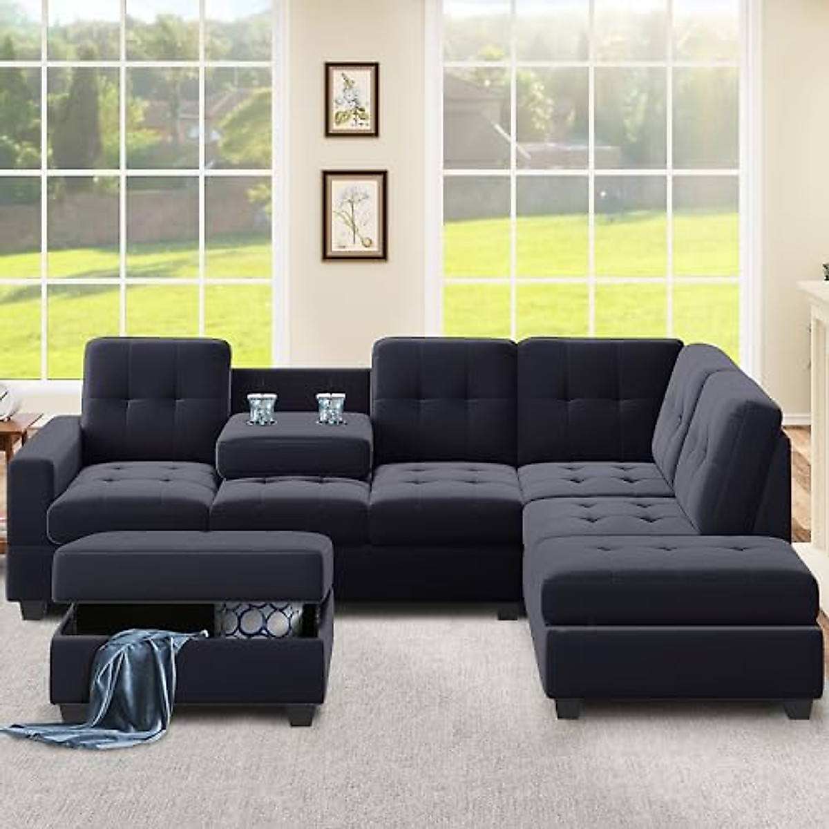 FANYE L-Shaped Oversized Corner Reversible Sectional Sofa Couch W/Chaise & Storage Ottoman,Modern 6 Seaters Velvet Upholstery Sofa&Couch with Cupholders for Home Office Apartment Living Room