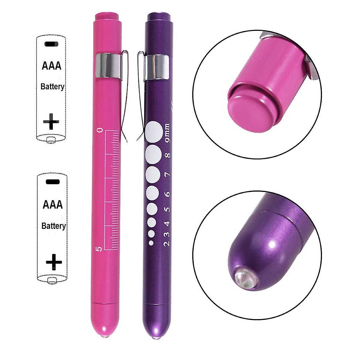 Aokin Pen Light with Pupil Gauge, Reusable LED Penlight Medical for Doctor Nurse Diagnostic etc, White Light, Rose and Purple