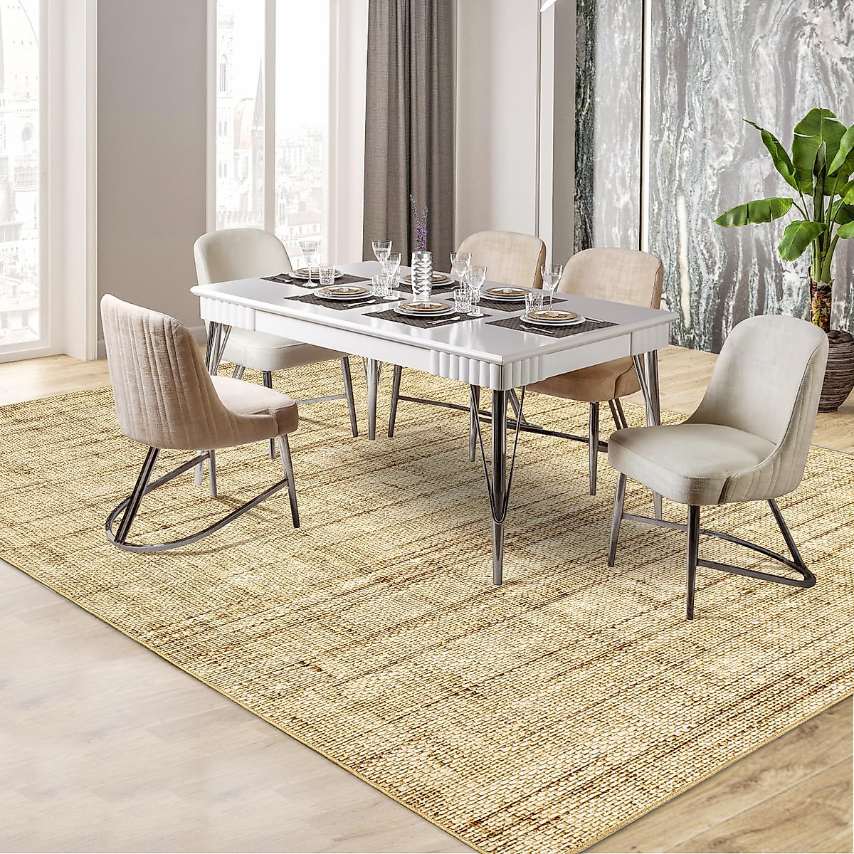 GarveeHome Living Room Rug 5x7 Rug Washable Rug for Bedroom Modern Rug Non Slip Braided Print Farmhouse Rug Soft Throw Rugs Low Pile Stain Resistant Carpet for Office Nursery Dining Room 5'x7' Natural