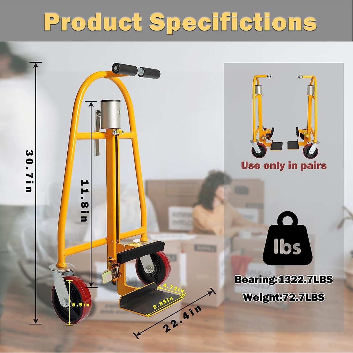 Manual Furniture Handling Equipment (2-Piece Set), Heavy Duty Cart, Aluminum, 1320 lb. Load Capacity, PU Swivel Casters - for Safe and Easy Handling, 12 Inch Lift Height, Mechanical Carrier