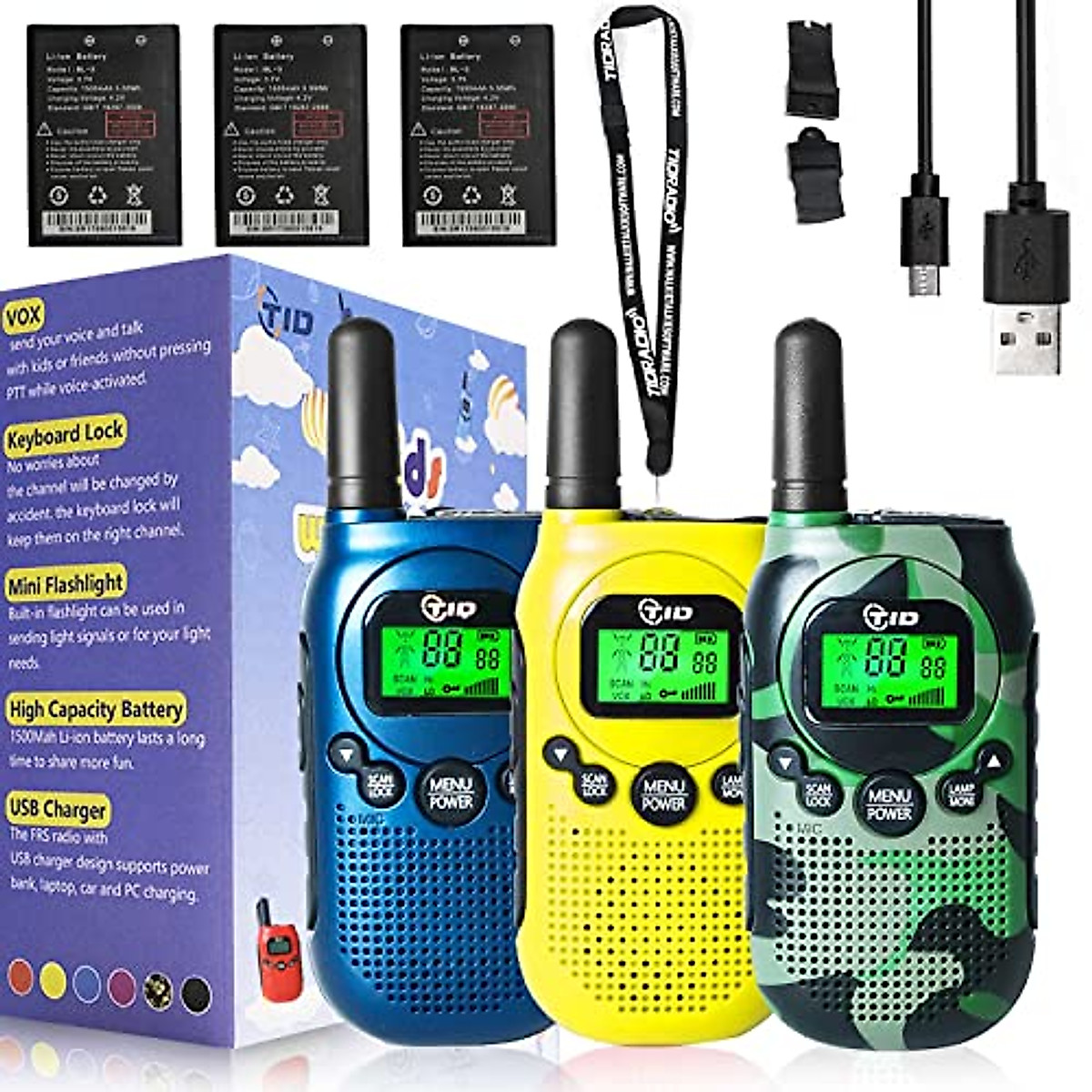 TIDRADIO TD-M3 Walkie Talkies for Kids 22 Channel USB Rechargeable Kids Walkie Talkies 2 Way Radio Toy Best Gifts for Boys and Girls to Outside 3 Pack