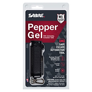 SABRE Safe Escape 3-In-1 Pepper Gel With Seat Belt Cutter & Window Breaker, Maximum Strength Pepper Spray, Snap Clip Keychain for Easy Carry & Fast Access, 0.54 fl oz, Easy to Use Fast Flip Top Safety