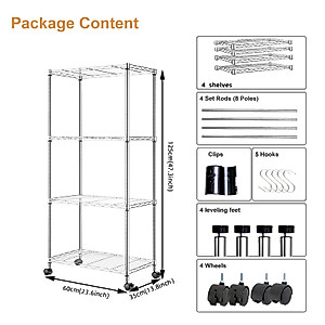 Storage Shelves,Shelf Adjustable Wire Shelving Unit,Sturdy Steel Metal Shelves Heavy Duty Shelving Units and Storage with Casters for Garage,Living Room,Bathroom, 36L X 14W X 59H.5Tier Black