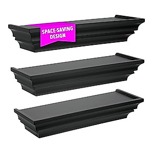 Kiera Grace Madison Classic Crown Molding Floating Wall Shelves, Robust Engineered Wood, Easy Assembly, Ideal for Home Decor, 16", Black, Set of 3