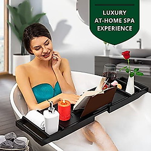 ROYAL CRAFT WOOD Luxury Bathtub Caddy Tray, 1 or 2 Person Bath and Bed Tub Table with Extending Sides, Adjustable Organizer Tray for Bathroom - Free Soap Dish (Black)
