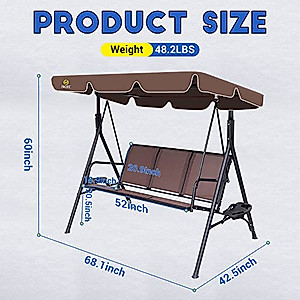 Nice C Patio Swing, Porch Swing Bench, Canopy Glider, with Adjustable Tilt, Three Seat (Brown)