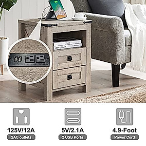 T4TREAM Nightstand wtih Charging Station, End Table, Side Table with 2 Drawers Storage Cabinet for Bedroom, Living Room, Farmhouse Design, Wood Rustic,Light Rustic Oak