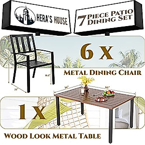 HERA'S HOUSE 7 Pieces Patio Dining Set, Outdoor Table and Chairs Set for 6, 60" Wood Look Table and 6 x Metal Patio Chairs for Backyard Lawn Garden Deck