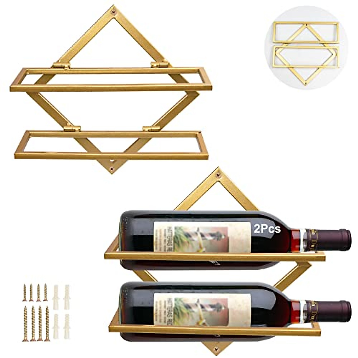 AUHOKY Metal Wall Mounted Wine Holder, Upgrade Foldable Hanging Wall Wine Rack Organizer for 2 Liquor Bottles, Red Wine Bottle Display Hanger with Screws for Home Kitchen Bar Wall Décor