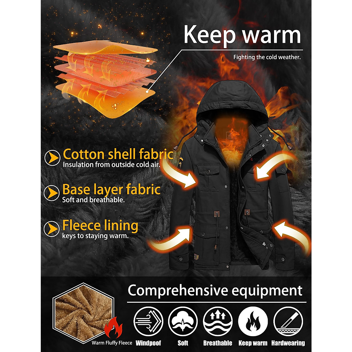 TACVASEN Mens Winter Jacket Fleece Warm Jackets Winter Coats for Men Military Work Coat with Hooded Black L