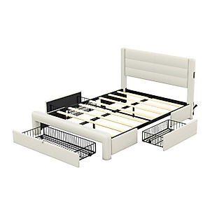 Queen Bed Frame with 3 Storage Drawers, Faux Leather Platform Bed with Headboard and Charging Station, Queen Size Bed Frame with Slats Support and USB Port, No Box Spring Needed, Beige