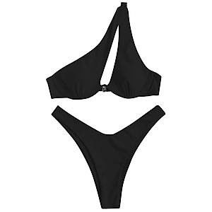 ZAFUL One Shoulder Underwired Bikini High Cut 2 Piece Swimwear for Women Black