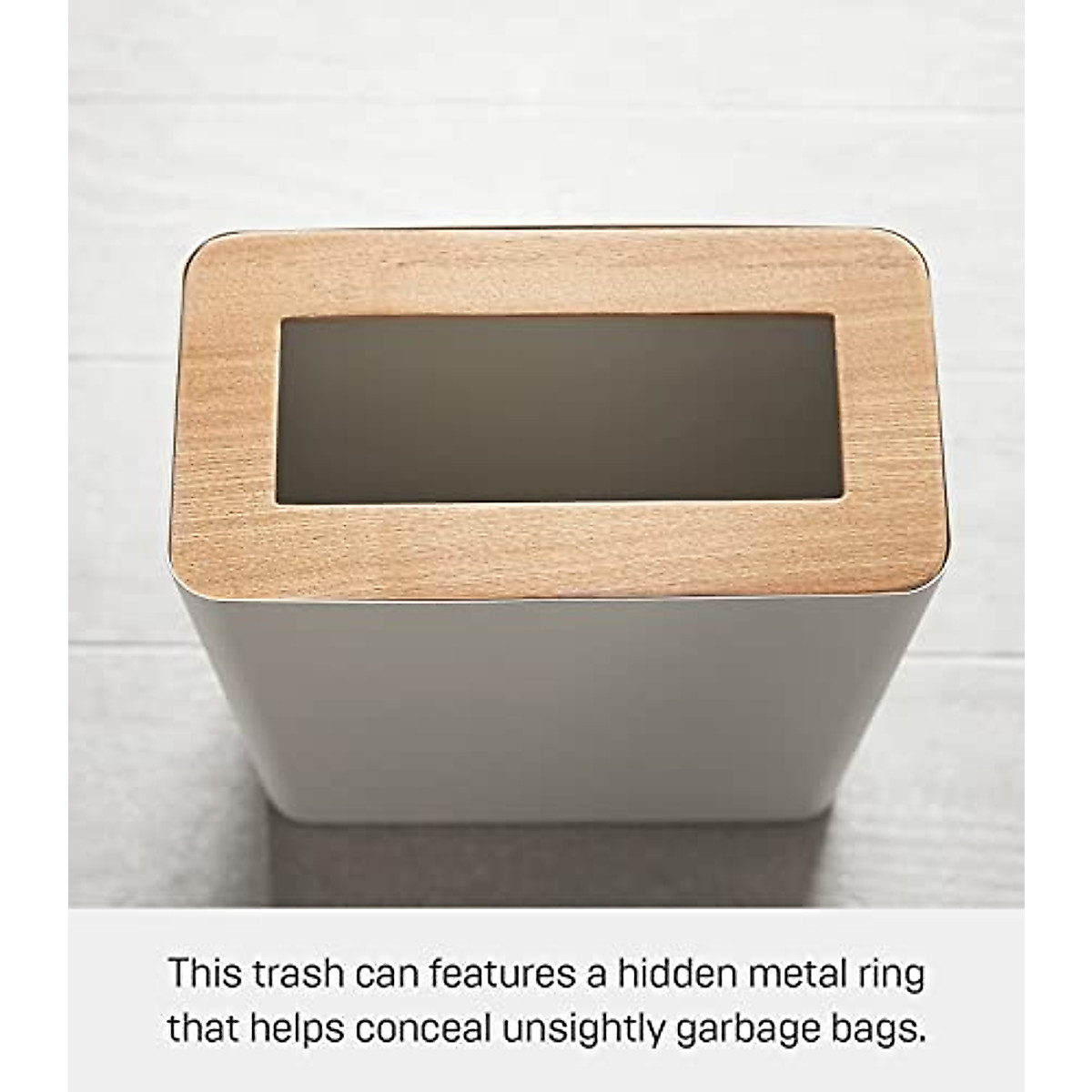 Yamazaki Home Trash Can - Small Modern Home Wastebasket for Bathroom Kitchen office Steel + Wood One Size Ash