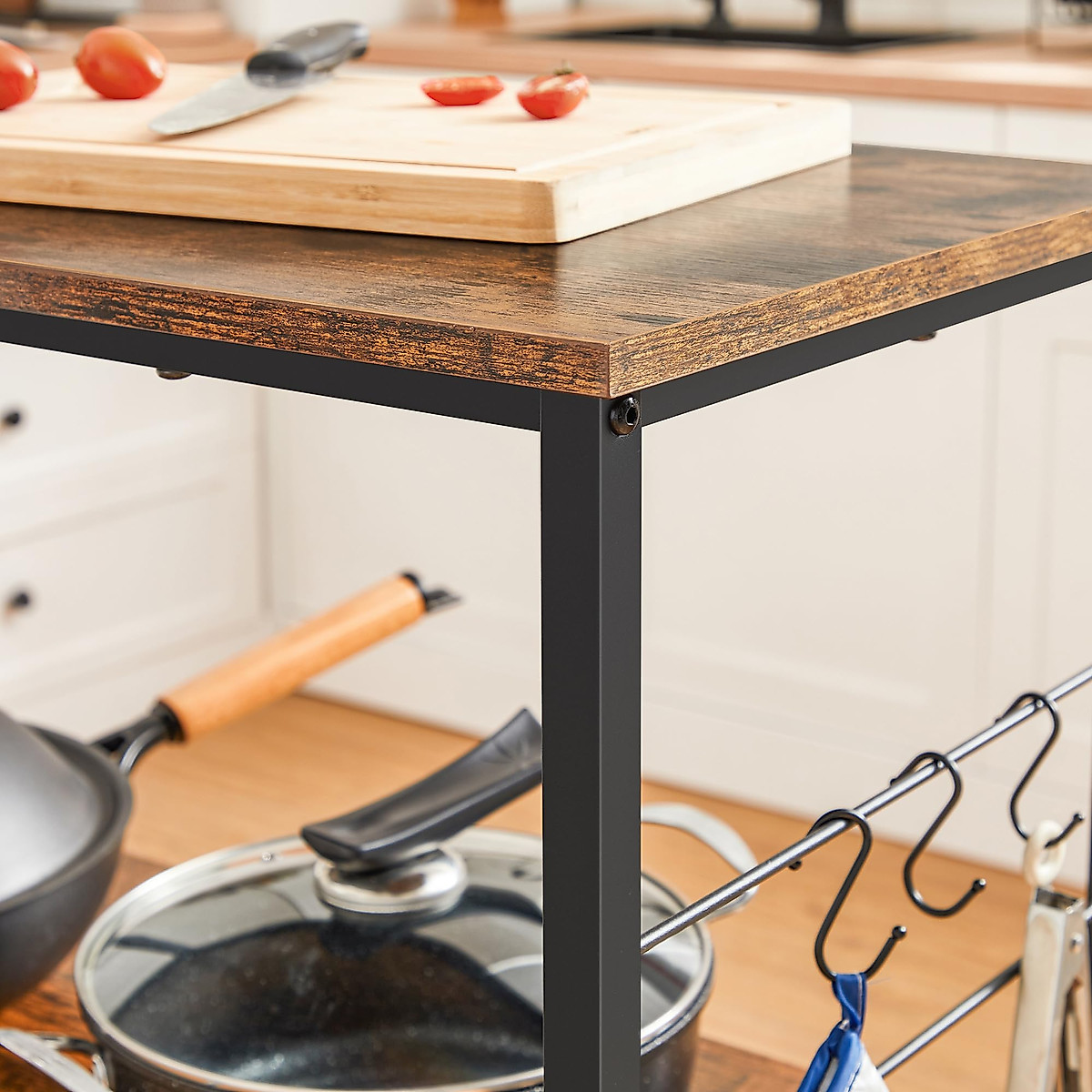 VASAGLE Bakers Rack, Kitchen Shelf, Kitchen Island, Microwave Oven Stand with 3 Open Shelves, 6 Hooks, Metal Frame, 15.7 x 31.5 x 35.4 Inches, Industrial, Rustic Brown and Black UKKI002B01