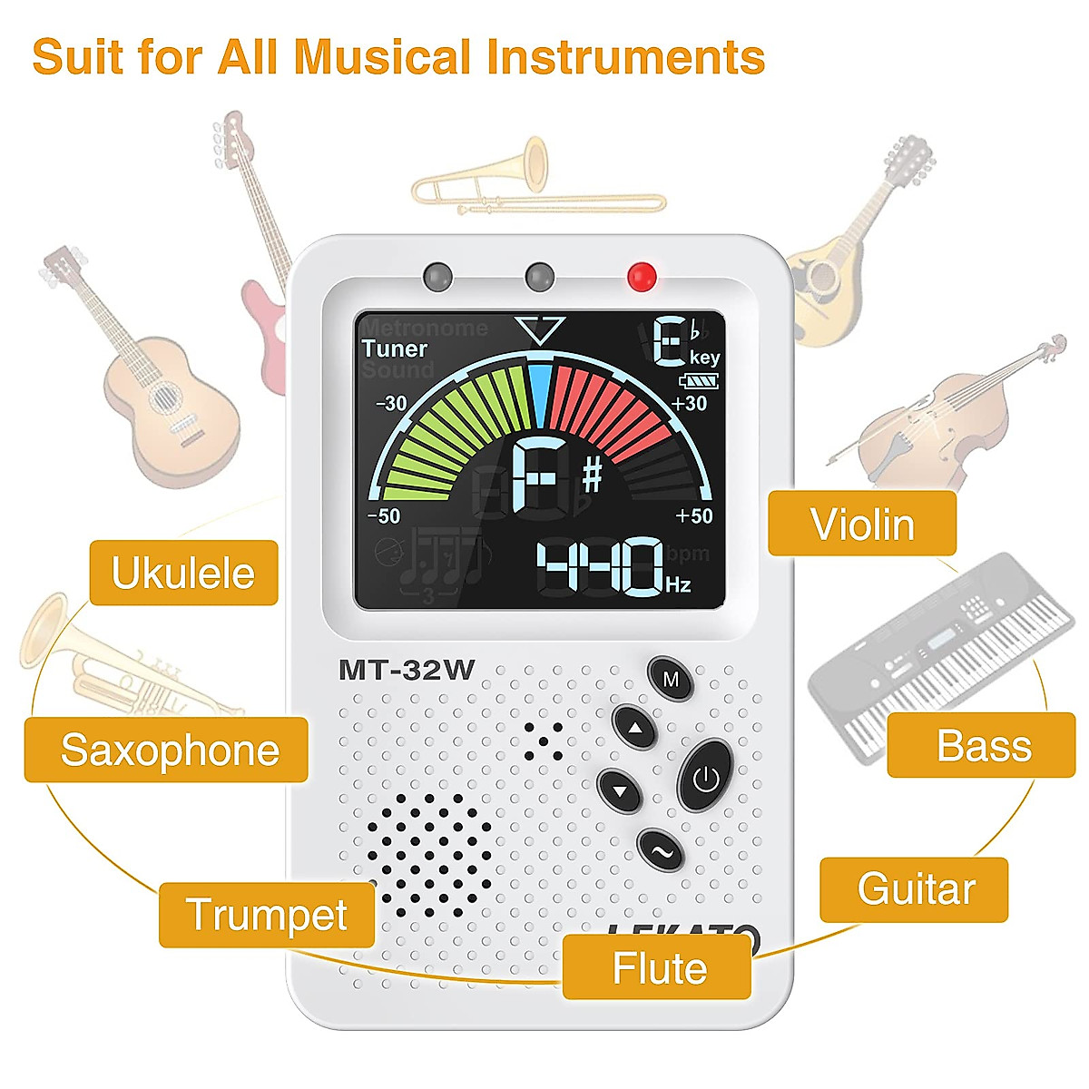 Metronome Tuner, Rechargeable 3 In 1 Digital Metronome with Vocal Count, Tone Generator Tuners for Guitar, Bass, Violin, Ukulele, Chromatic, Clarinet, Trumpet, Flute, All Instruments, White by LEKATO
