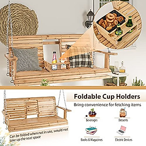 Tangkula 2 Person Hanging Porch Swing, Outdoor Bench Swing with Adjustable Chains, Foldable Cup Holders, High Back, Cozy Armrests, Wooden Hanging Swing Chair for Backyard Deck Garden Natural