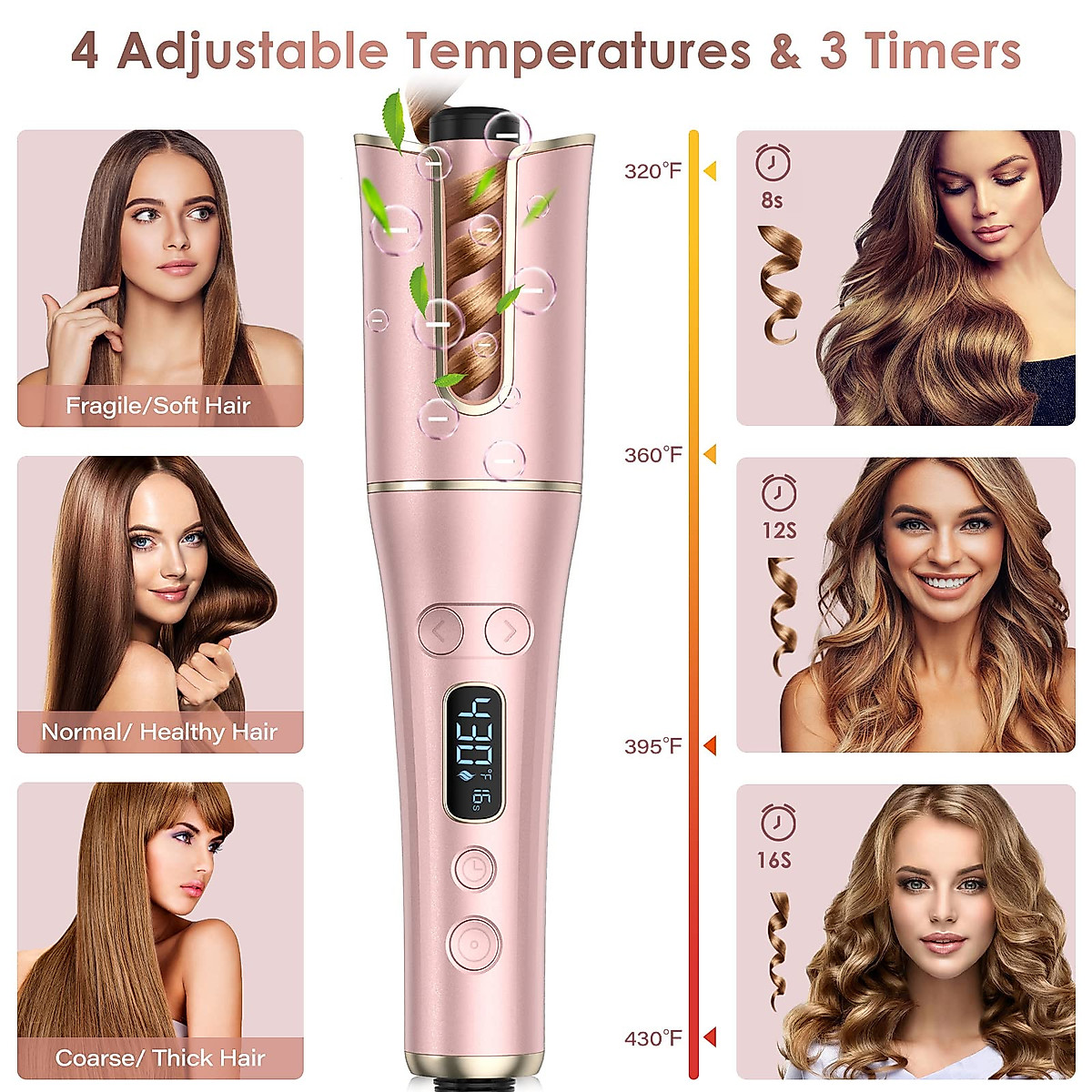 Automatic Curling Iron, Auto Hair Curler Wand with Large Rotating Barrel & 4 Temps & 3 Timers, Large Display Curling Iron with Dual Voltage, Auto Shut-Off, Fast Heating for Hair Styling