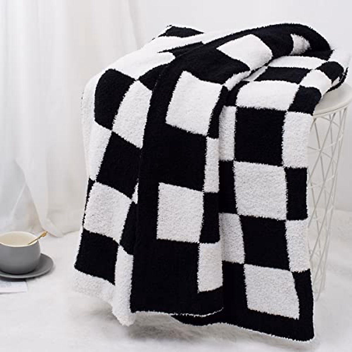 Carriediosa Black Checkered Blanket, Soft Fluffy Plaid Throw Blanket for Sofa Bed Chair, Knitted Farmhouse Luxurious Microfiber Feather Yarn Warm Blankets (Black Check 50" x 60")