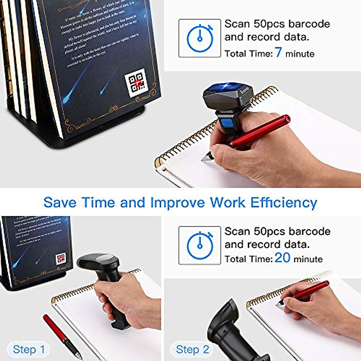 Upgraded Eyoyo 2D Ring Barcode Scanner Bluetooth, USB Wired & 2.4G Wireless & Bluetooth Mini Wearable Bar code Scanner, 1D 2D QR Image Barcode Reader PDF417 Data Matrix for iPhone, Andriod, Tablet, PC