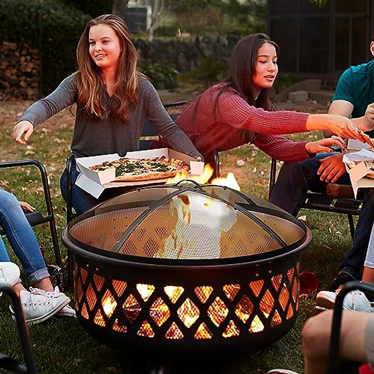 YITAHOME Heavy-Duty Fire Pit Spark Screen with Handle and Poker, Metal Fire Pit Cover for 36-Inch Round Outdoor Fire Pits