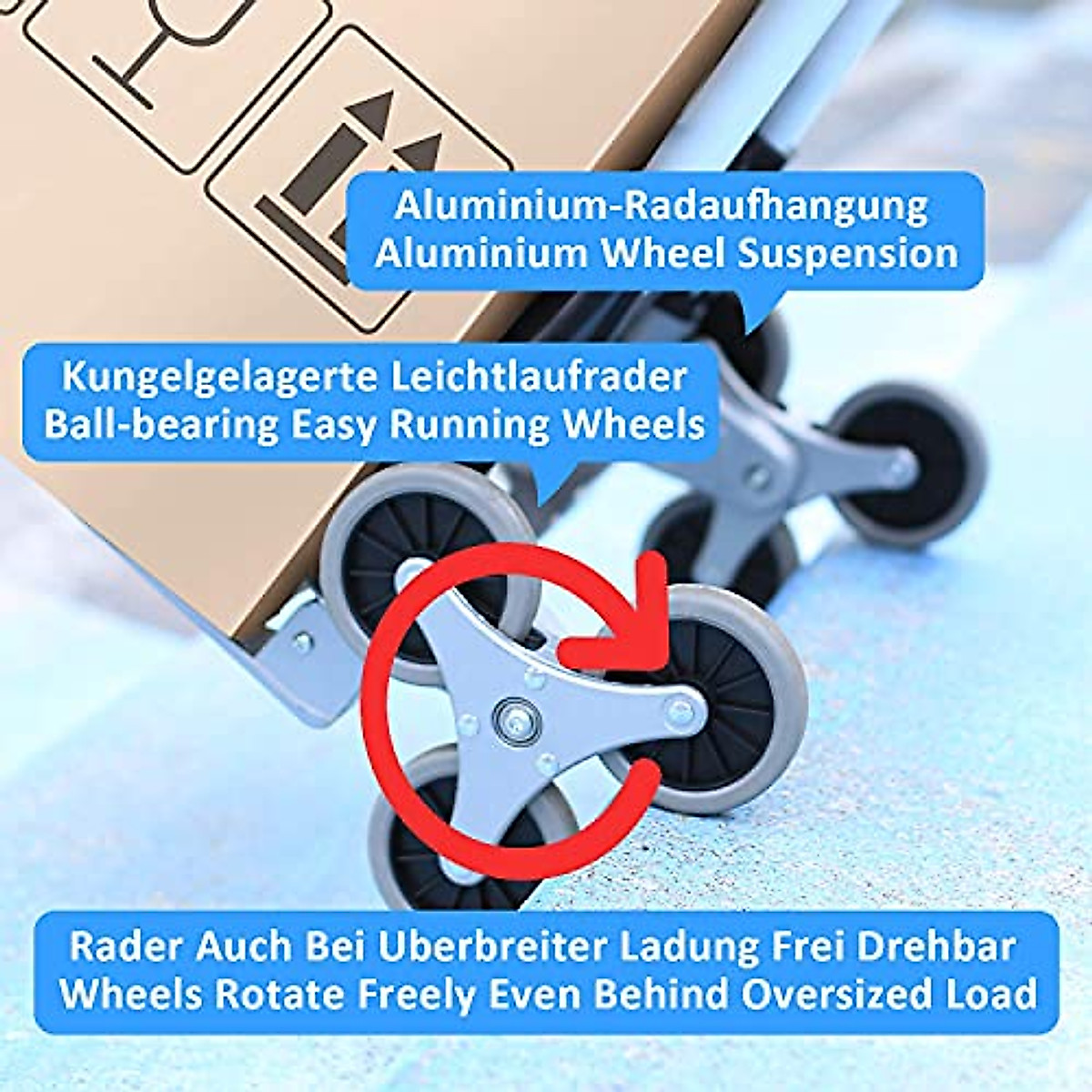 Stair Climbing Cart Portable Folding Hand Truck 165 lbs Weight Capacity Heavy-Duty Hand Cart Height Adjustable Aluminum Trolley with 6 Rubber Wheels & Bungee Cord Dolly for Moving, Luggage and Office
