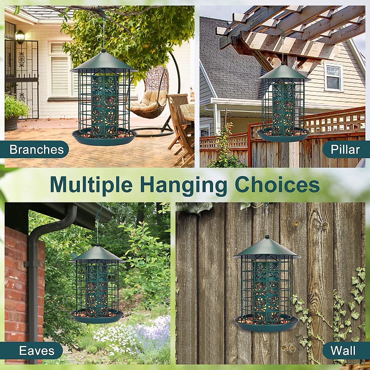 Gaprass Squirrel Proof Bird Feeders, Metal Bird Feeders for Outdoors Hanging, Bird Feeder for 360°Feeding Area for Wild Birds, Chew Proof & Rust Proof, 4lbs Capacity - Green