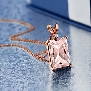 Gem Stone King 18K Rose Gold Plated Silver Peach Nano Morganite Pendant Necklace For Women (6.32 Cttw, Gemstone October Birthstone, Emerald Cut 14X10MM, with 18 Inch Silver Chain)