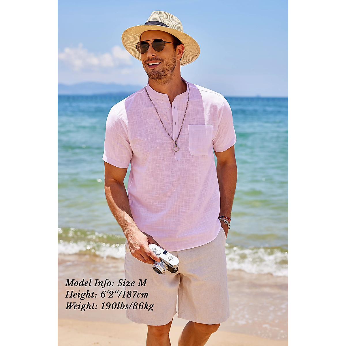 COOFANDY Men's Cotton Linen Henley Shirt Short Sleeve Hippie Casual Beach T-Shirts with Pocket Pink