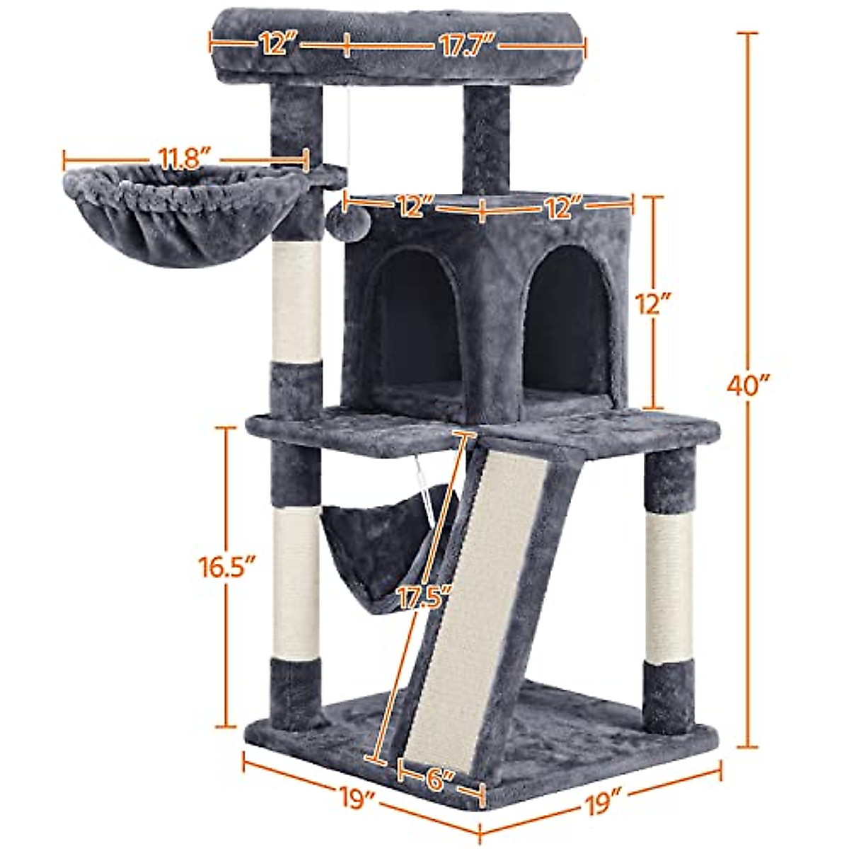 Yaheetech Cat Tree Cat Tower, 40-Inch Cat Condo with Oversized Soft Platform, Scratching Board, Basket and Hammock, Cat Furniture for Kittens Cats Pets, Dark Gray