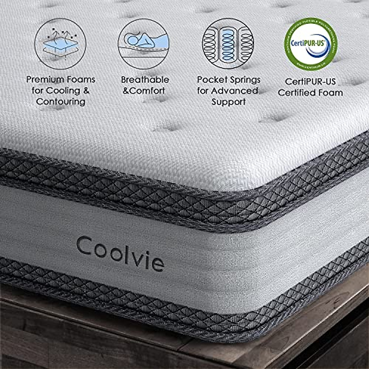 Coolvie Queen Mattress, 10 Inch Comfy Cool Memory Foam and Innerspring Hybrid Mattress, with Individually Pocket Coils, Cushioning Euro Top and Breathable Hypoallergenic Knitted Cover