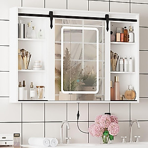 Homsee Farmhouse Mirror Medicine Cabinet with Sliding Barn Door, LED Light & Defogger, Bathroom Wall Vanity with Door, Shelves, Adjustable Light Color & Brightness, White (5.9" D x 47.2" W x 31.5" H)