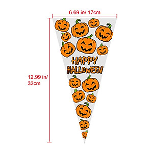 Tatuo 100 Pcs Halloween Candy Bags Pumpkin Patterned Cone Treat Bags Triangle Cellophane Pouch with 100 Pieces Gold Twist Ties for Popcorn Goodie Cookie Halloween Party Favor
