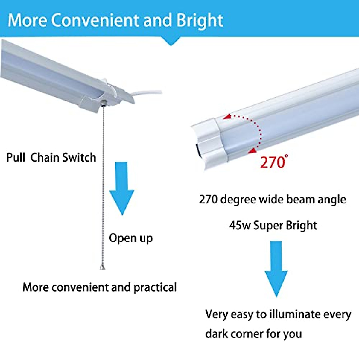 8 Pack 4FT 48W LED Shop Light for Workshop Garage,LED Ceiling Light, Plug in Linkable Utility Light Fixtures,5000K Cool White, 5280 LM, Frosted Lens, Pull Chain (ON/Off), Hanging/Mounted 120V