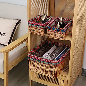 JLKIMZVO Rectangular Storage Basket Hand woven Wicker Nested Baskets Combination Shelf Storage Basket Detachable Lining Suitable for Wardrobes, Bedrooms, Bathrooms, Hallways,Offices