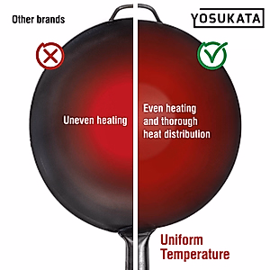 YOSUKATA Carbon Steel Wok Pan – 13,5 “ Woks and Stir Fry Pans + Wok Lid 12.8 Inch - Premium Stainless Wok Cover with Tempered Glass Insert Steam Holes and Ergonomic Handle