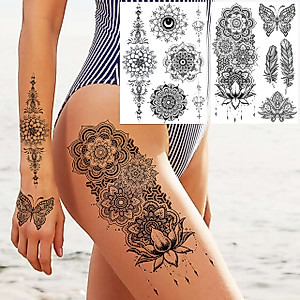 COKTAK 6 Pieces/Lot Unique Black Henna Temporary Tattoo Stickers For Adults Women Girls Feather Mandala Flower Body Art Large Big Arm Tattoos Sheet Lace Indian Mehndi Sexy Wedding Tatoos OWL