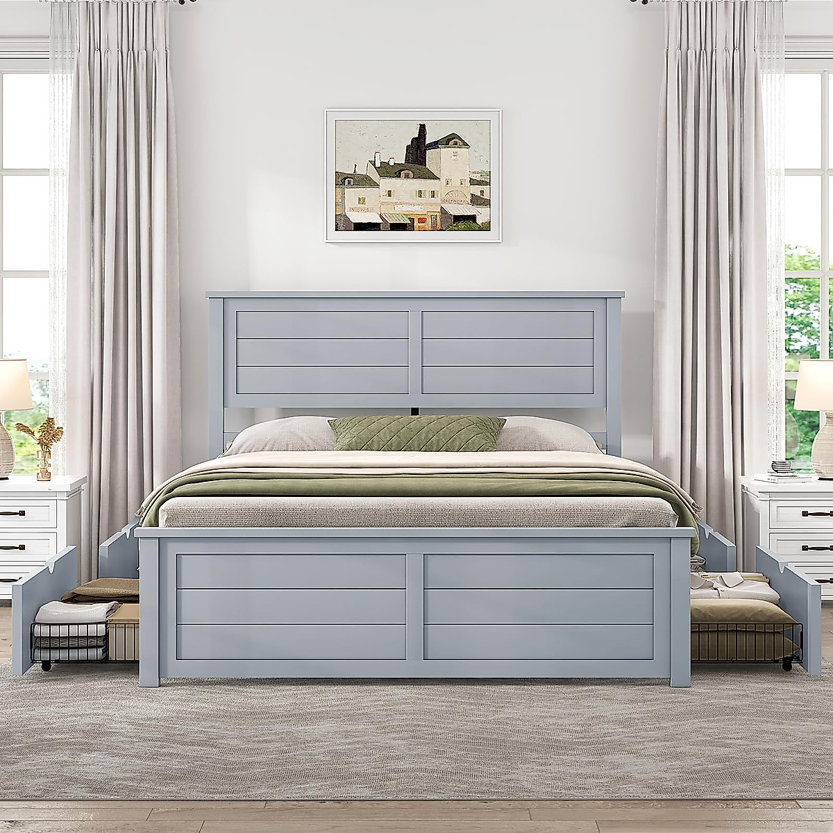YUMPIE Queen Size Platform Bed Frame with 4 Storage Drawers and Headboard, Wood Bed Frame with Wood Slats Support, No Box Spring Needed, Storage Bed Frame for Kids, Teens, Adults, Grey