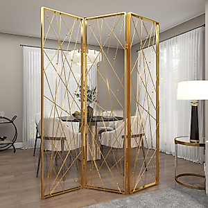 Deco 79 Metal Abstract Partition Room Divider Screen Foldable Partition Wire Rod 3 Panel Privacy Screen with Small Ball Accents, Room Partition 59" x 2" x 79", Gold