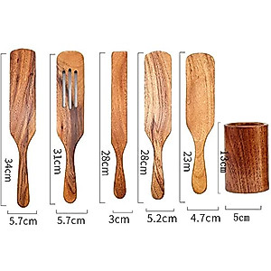 Jinxiao Wood Spurtles Kitchen Tools Set with Holders,5 Pcs Natural Teak Wooden Utensils for Non Stick Cookware and Instant Pot For Steak,Salad,butter.