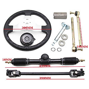 PRO BAT 300mm/11.8'' Steering Wheel Steel Kit 420mm/16.5'' Gear Rack Pinion Adjustable Shaft Set Replacement for Go Kart Go Cart Golf UTV 110cc 125cc 140cc 150cc Buggy
