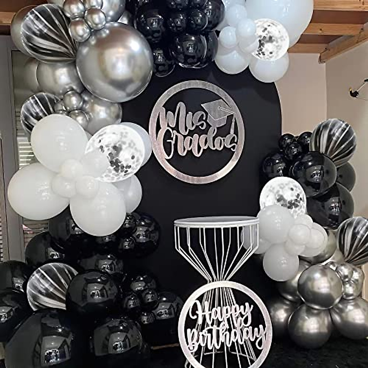 Black White Silver Party Balloons, 50pcs 12 Inch Thicker Marble Black and Pearl White Metallic Confetti Latex Balloons with Ribbon for Birthday Anniversary Decorations