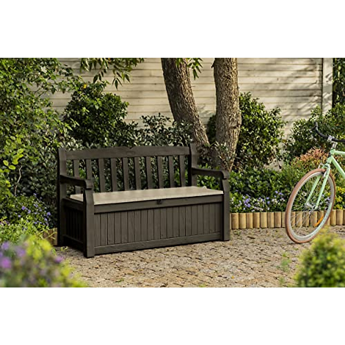 Keter Eden 70 Gallon Storage Bench Deck Box for Patio Furniture, Front Porch Decor and Outdoor Seating – Perfect to Store Garden Tools and Pool Toys,Brown / Brown