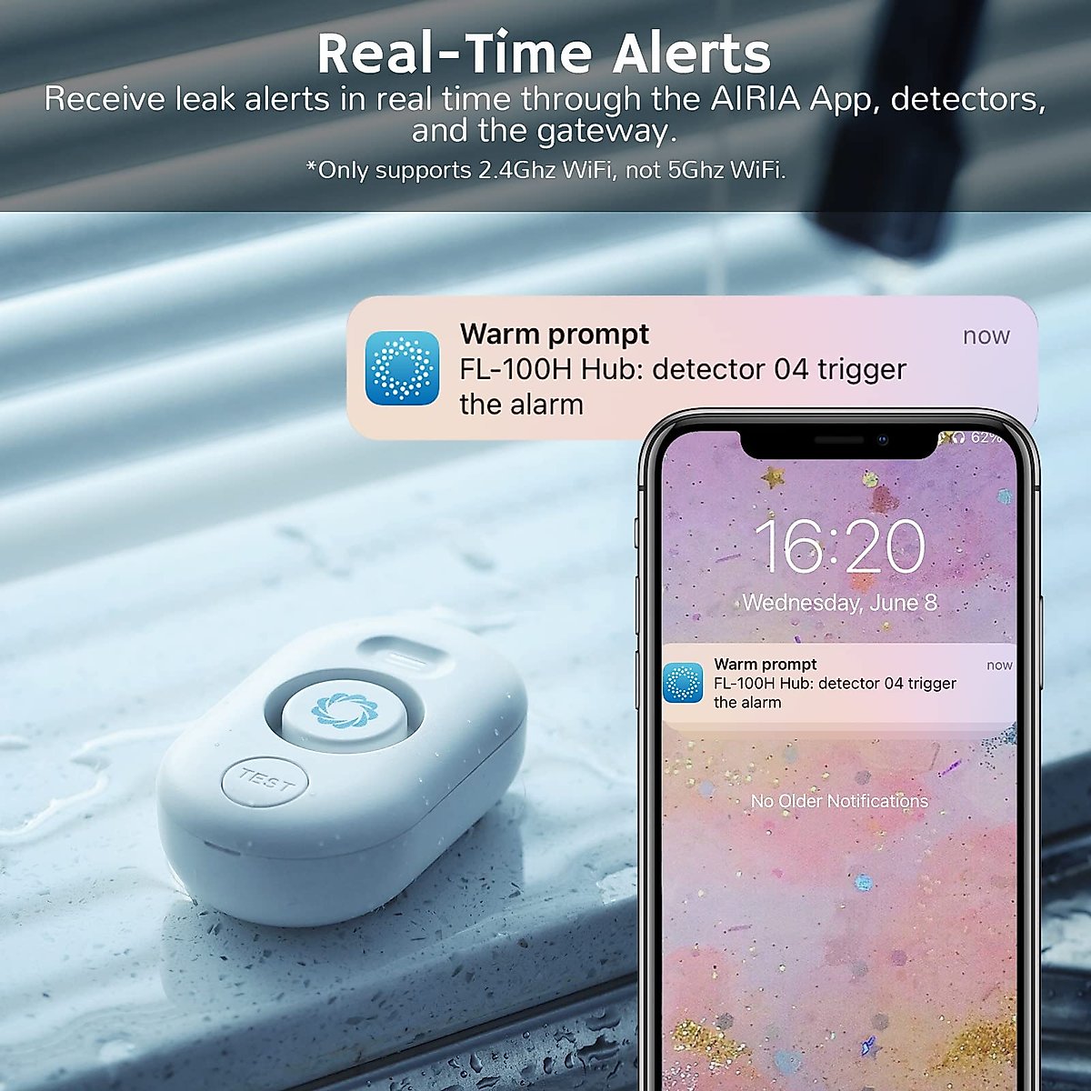 Airthereal Water Leak Detector 3-Pack with WiFi Gateway, Water Alarm Sensor with 0-120dB 4-Level Adjustable Alarm, Leak and Drip Alert with App Alerts for Home, Basement (Not Support 5G WiFi)