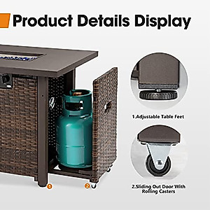 42 Inch Outdoor Propane Gas Fire Pit Table, 50,000 BTU Auto-Ignition Gas Firepit with Glass Wind Guard, Alloy Wood Grain Tabletop by HANLIKO-Brown