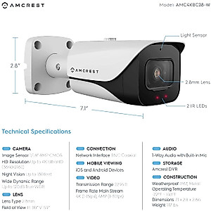 Amcrest 4K Analog Outdoor Security Camera, Bullet 4K (8MP) @15fps, CCTV-Coax-BNC, 98ft Night Vision, IP67 Metal, 125° Angle, Mic, White (Not an IP Camera) (DVR Required, Not Included) (AMC4KBC28-W-V3)