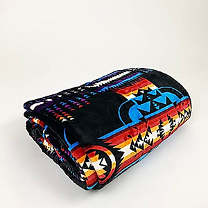 Sacred Thread Fleece Blanket, Southwestern Aztec Queen Blanket, Native American Throw Blanket for Sofa, Couch and Bed, Reversible Winter Blanket (Blue Flannel/Flannel 40x60)
