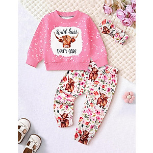 ADIFUN Baby Girl Clothes 18-24 Months Girl Clothing Fall Winter Outfits Wild Hair Don't Care Highland Cow Pink Sweatshirt Flower Pants Western Cowgirl Outfit