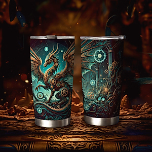 64HYDRO 20oz Steampunk Mechanical Dragon Tumbler, Engineer Mechanic Dragons, Gaming, Gamers Gifts for Dragon Lovers, Stainless Steel Double Wall Vacuum Insulated Coffee Mug, Travel Cup with Lid